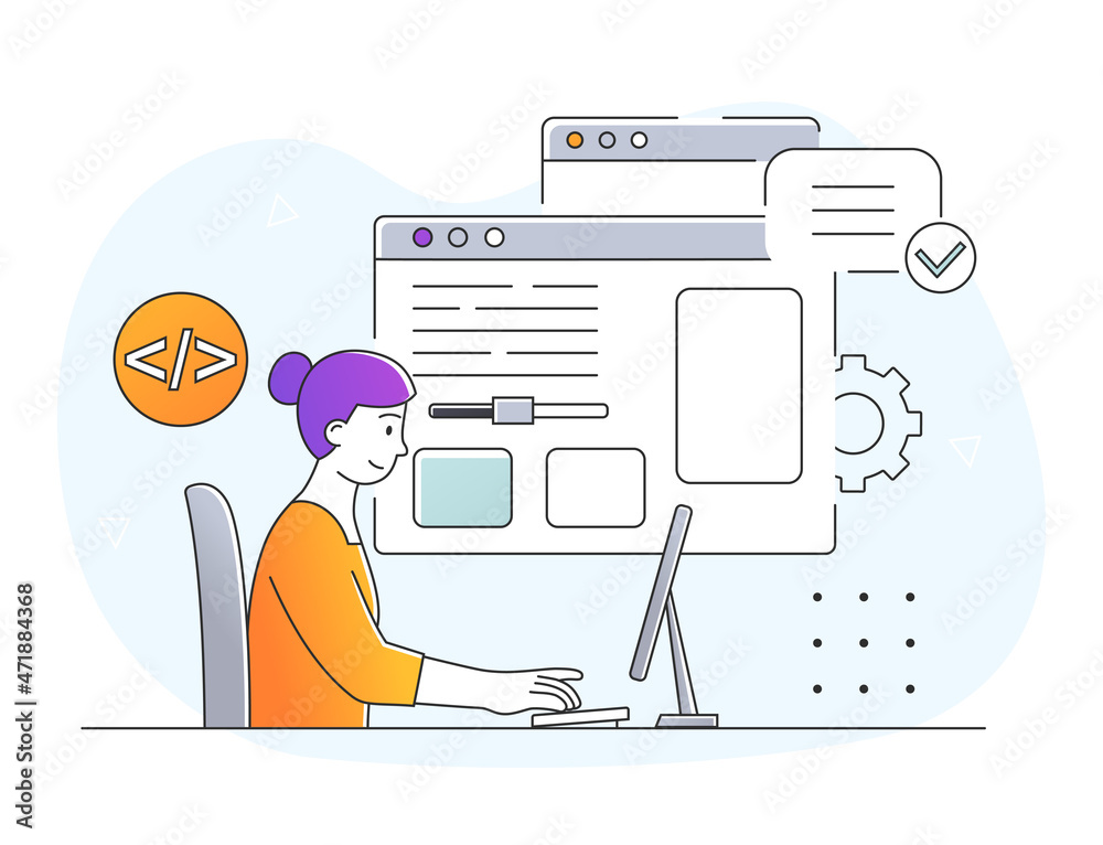 Single page application. Girl engaged in development of programs ...