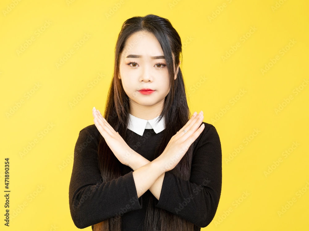 Refusing woman. Stop gesture. Forbidden topic. Ban warning. Serious ...