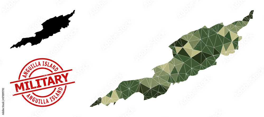 Low-Poly mosaic map of Anguilla Island, and scratched military stamp ...