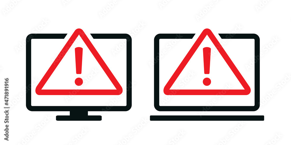 Computer with exclamation mark. Alert notification. Caution message ...