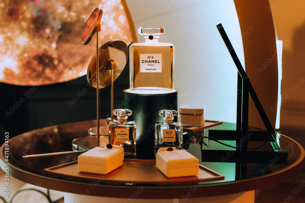 Glass golden bottles of NO.5 Chanel perfume. Is the first perfume ...