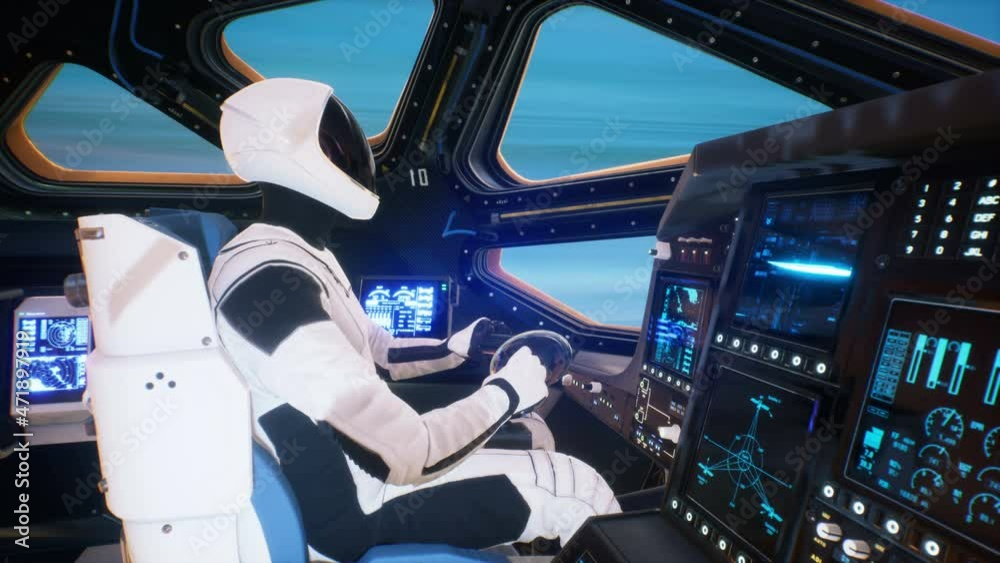 An astronaut drive a spaceship through the universe at warp speed. The ...