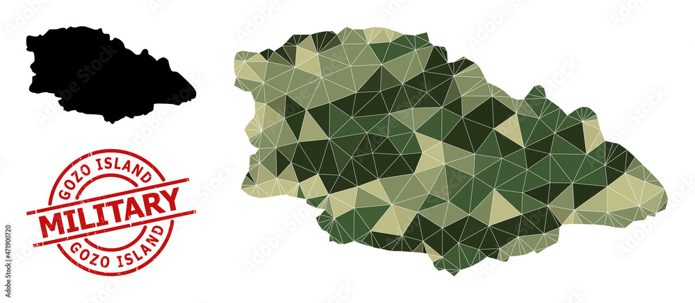 Lowpoly mosaic map of Gozo Island, and rubber military rubber seal ...