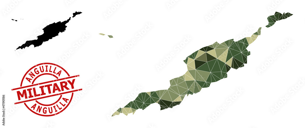 Low-Poly mosaic map of Anguilla Islands, and rough military watermark ...