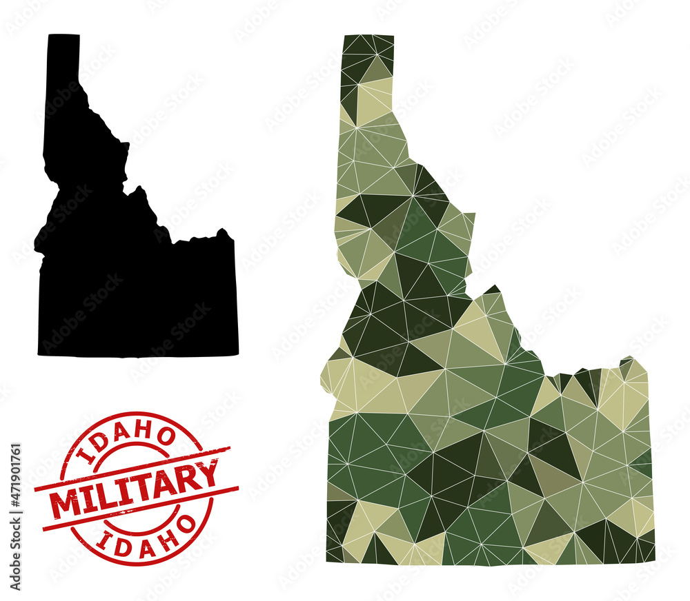 Low-Poly mosaic map of Idaho State, and rubber military rubber seal ...