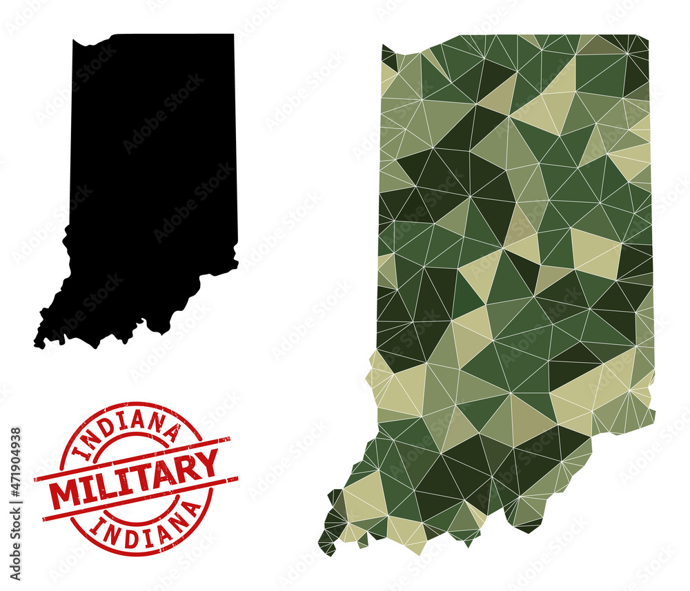 Low-Poly mosaic map of Indiana State, and unclean military stamp print ...