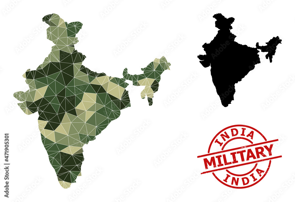 Low-Poly mosaic map of India, and rubber military stamp. Low-poly map ...
