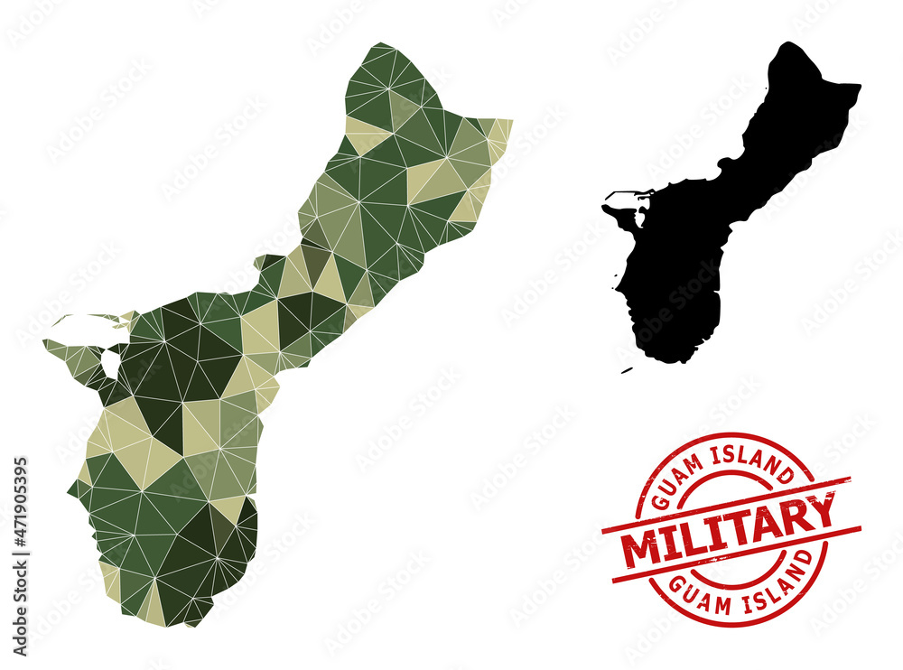 Low-Poly mosaic map of Guam Island, and scratched military stamp ...