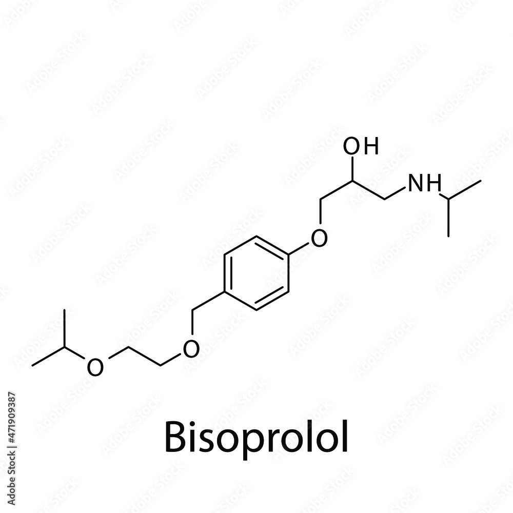Bisoprolol molecular structure, flat skeletal chemical formula. Beta ...