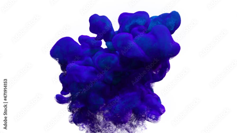 particle ink. 3d blue ink inject in water on white background with luma ...