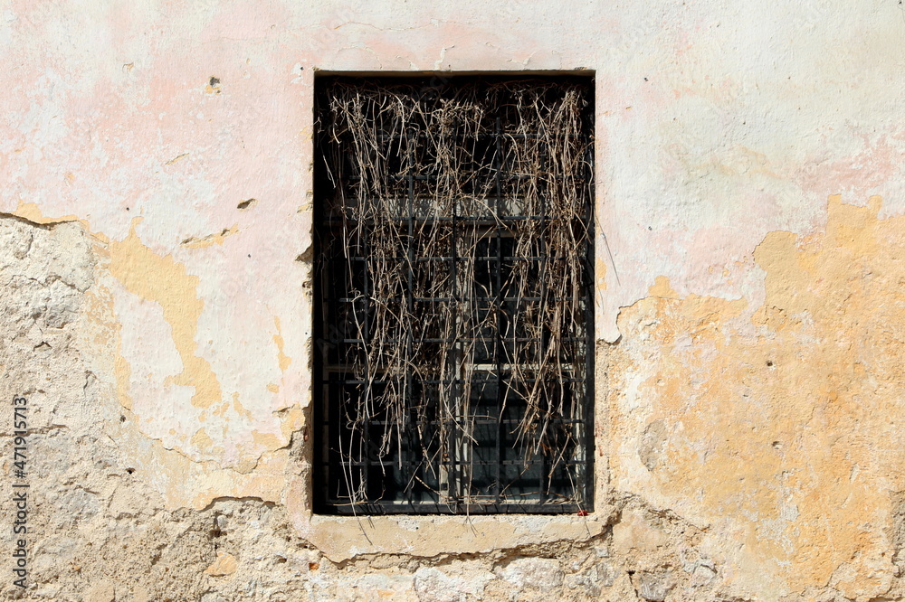 Dilapidated wooden frame window with strong black metal bars protection ...