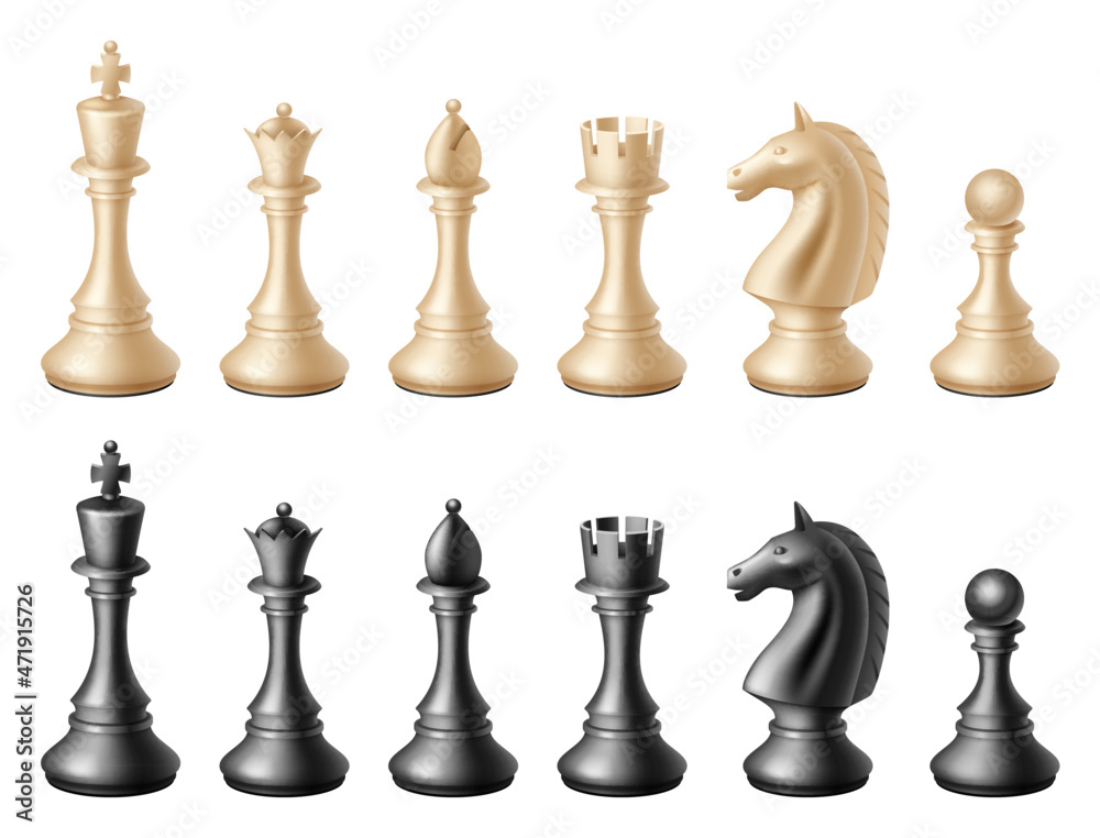 Realistic chess pieces set. 3d king, queen bishop and pawn horse rook ...