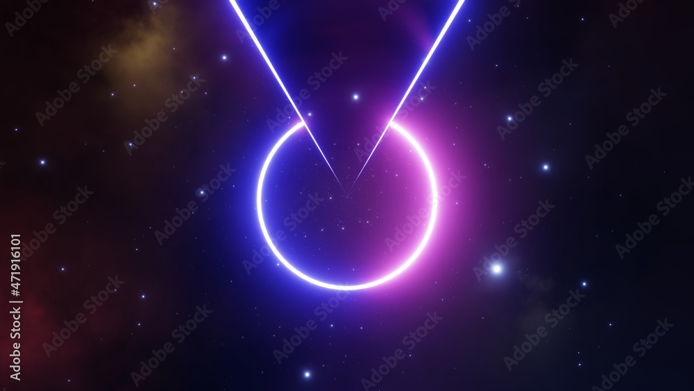 3d render. Space flight, the shape of the ring of neon light ...