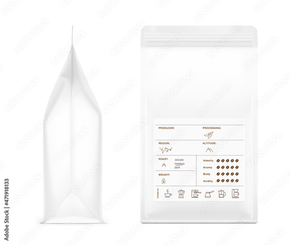 Realistic bag mockup with template label isolated on white background ...