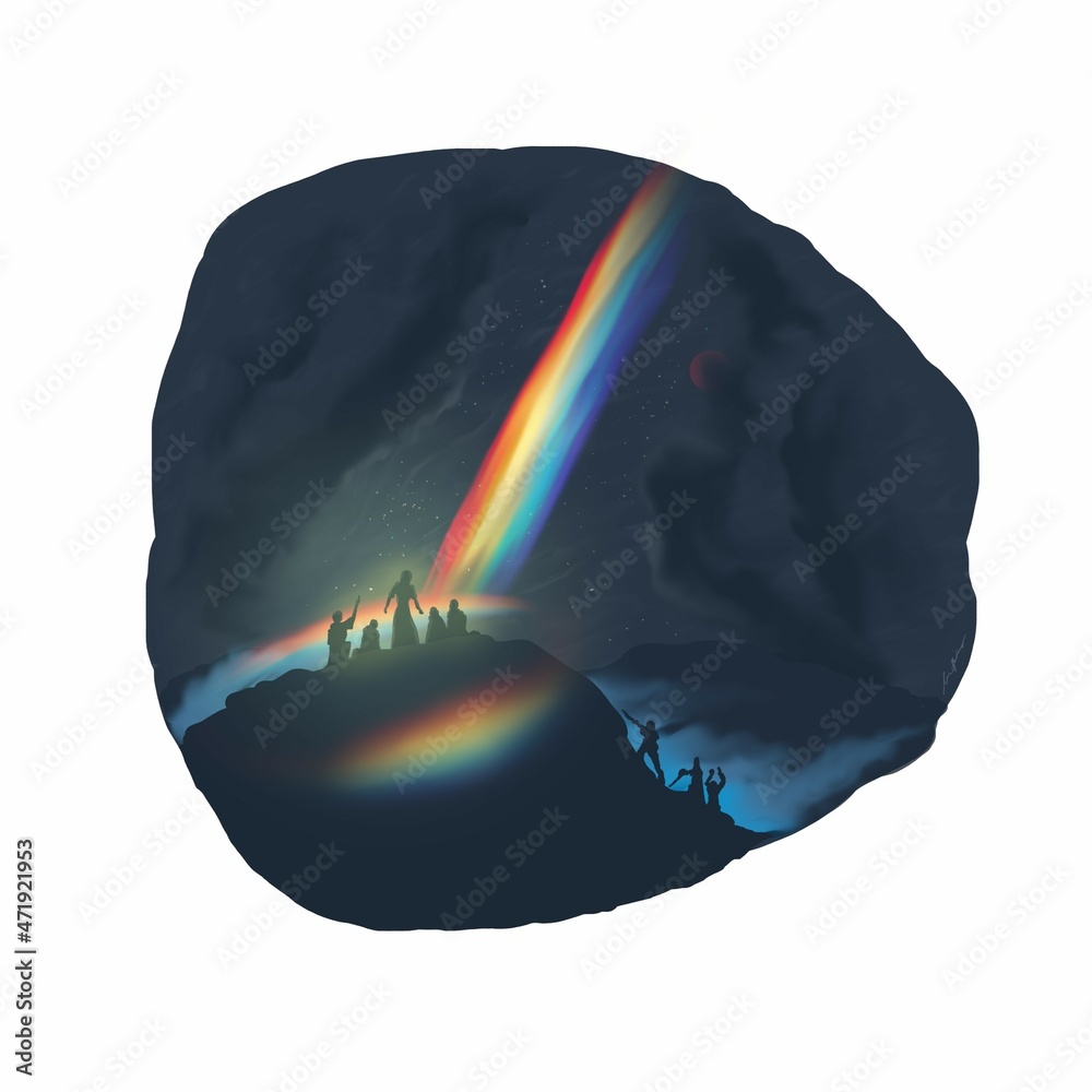 Rainbow of the covenant surrounding people depiction of Psalm 91 Stock ...