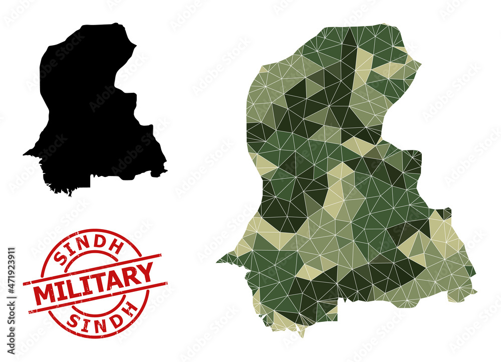 Polygonal mosaic map of Sindh Province, and scratched military stamp ...