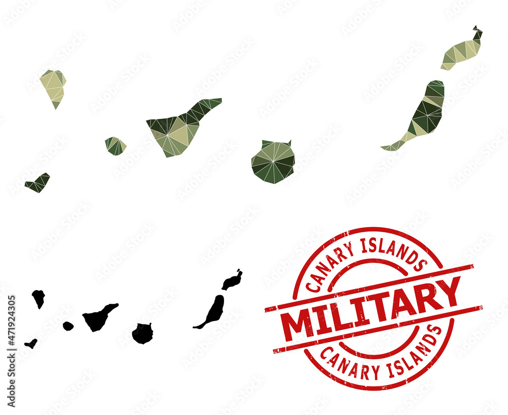 Low-Poly mosaic map of Canary Islands, and rubber military rubber seal ...