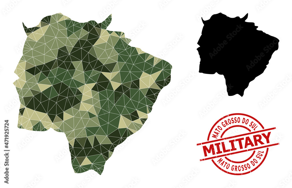 Low-Poly mosaic map of Mato Grosso do Sul State, and rubber military rubber seal. Low-poly map ...