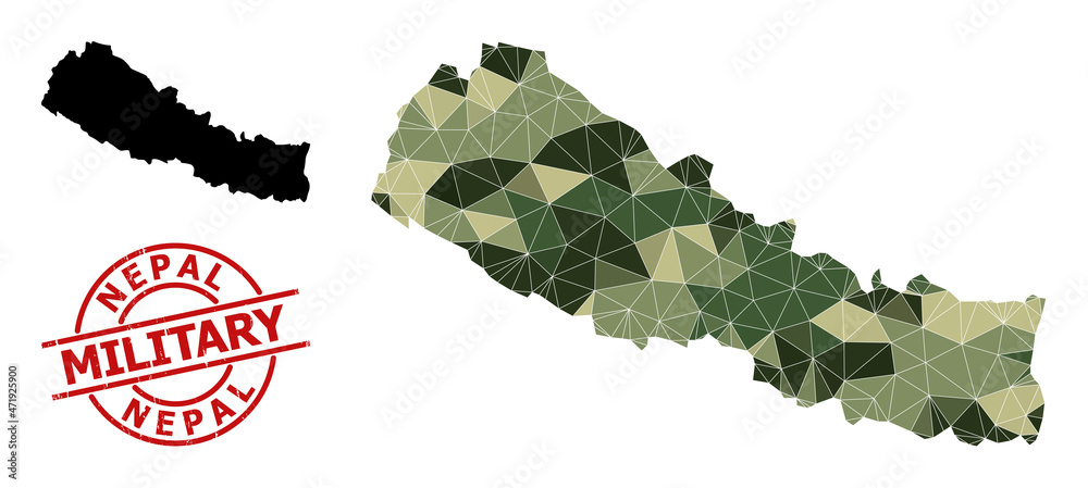 Low-Poly mosaic map of Nepal, and distress military stamp. Low-poly map ...
