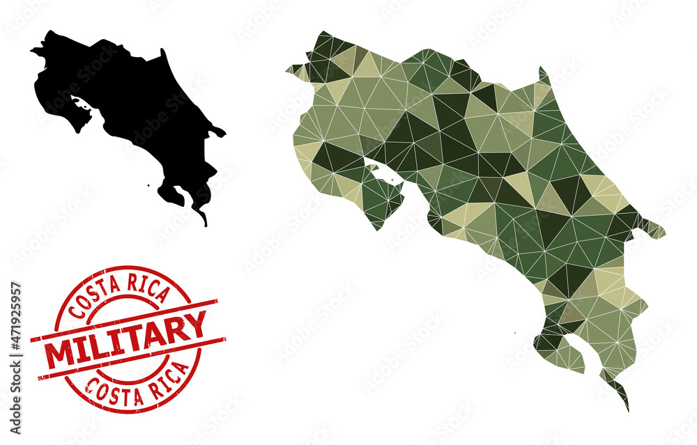 Low-Poly mosaic map of Costa Rica, and scratched military stamp. Low ...