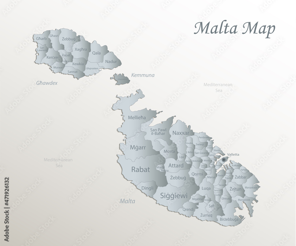 Malta map, administrative division with names, white blue card paper 3D ...