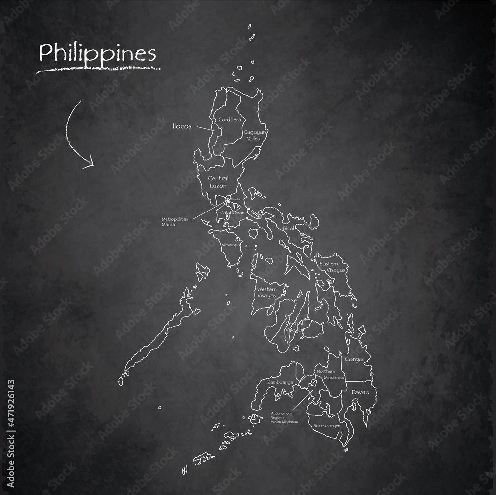 Philippines map, separates regions and names, design card blackboard ...