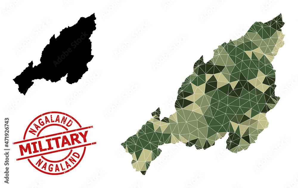 Low-Poly mosaic map of Nagaland State, and scratched military stamp ...