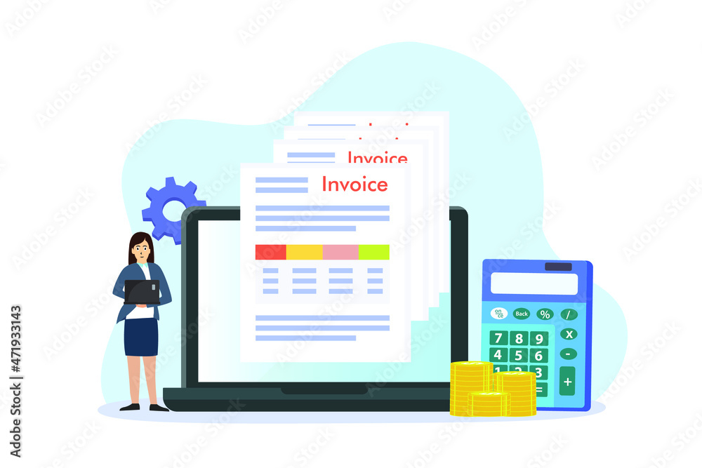 Account receivable vector concept: Businesswoman checking invoice on ...