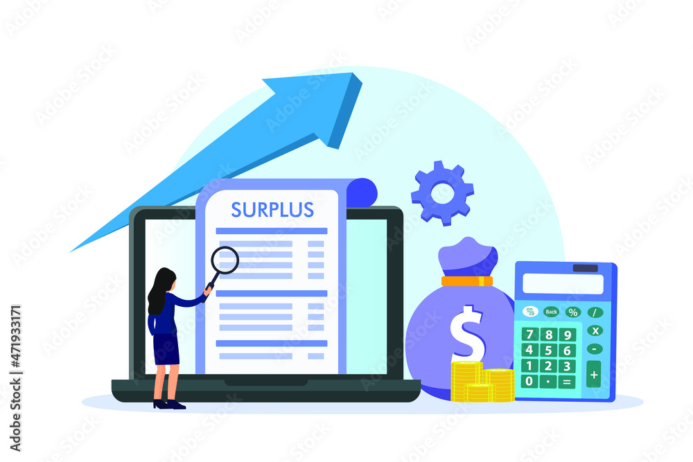 Surplus vector concept: Businesswoman looking surplus form on laptop ...