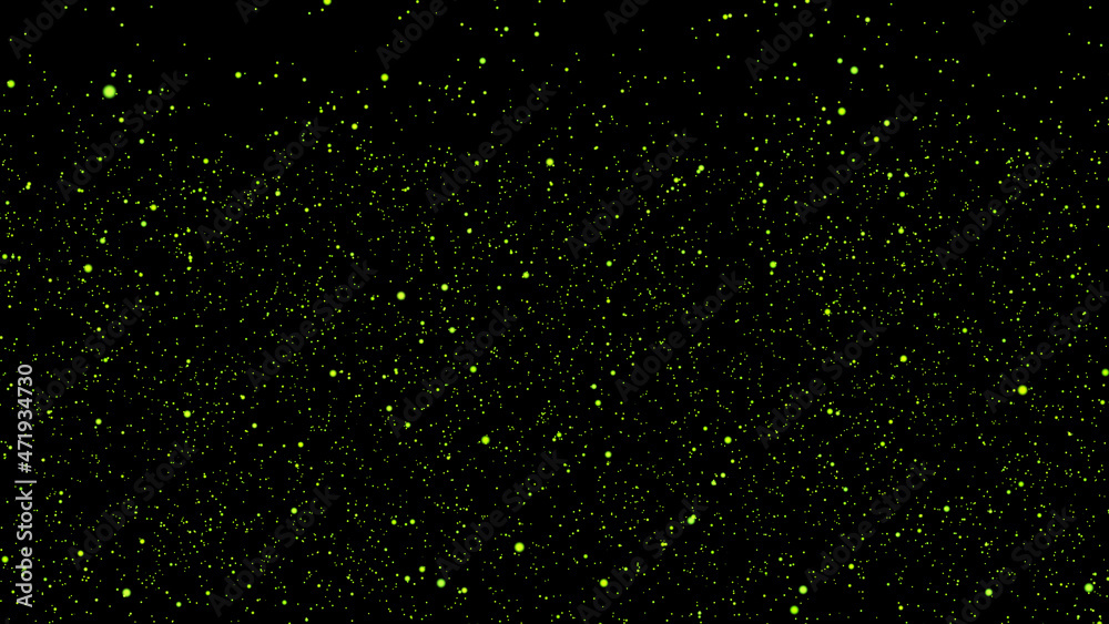 flying green particles on a black background. dark abstract background ...