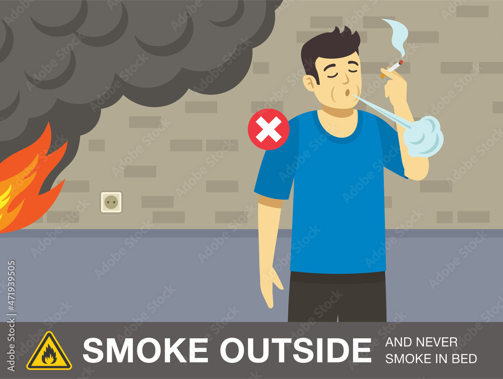 Fire safety activity. Young man is smoking at home. Holding cigarette ...