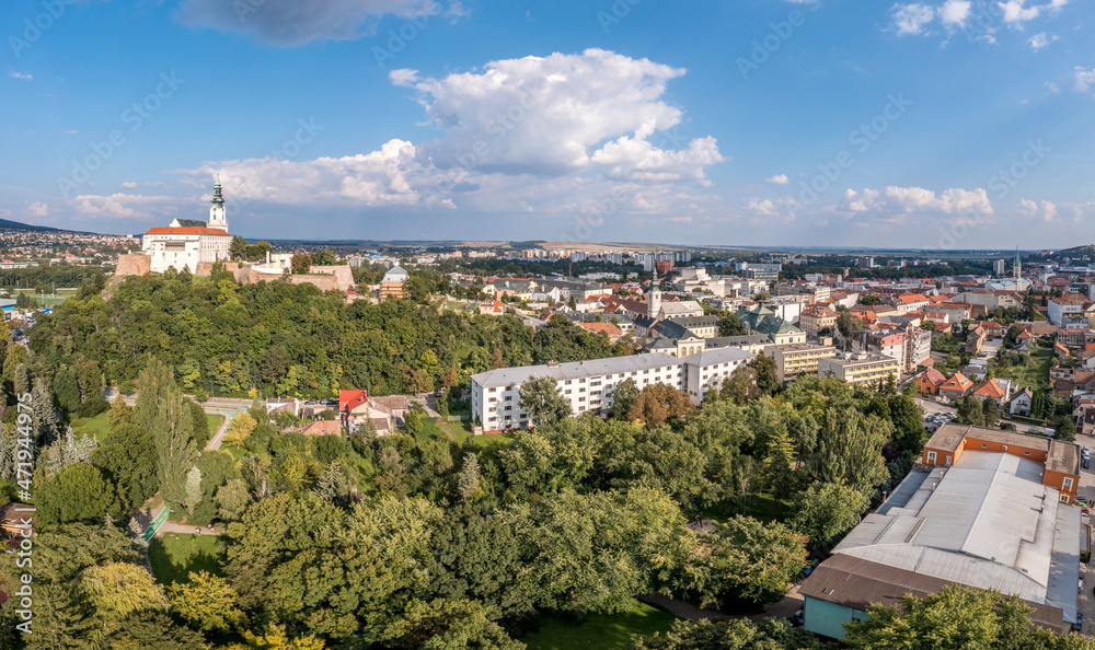 Aerial view of Nitra castle in Slovakia with bastions and sentry towers ...