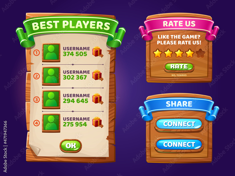 Game menu, wooden gamer ui panel with buttons, cartoon interface with ...