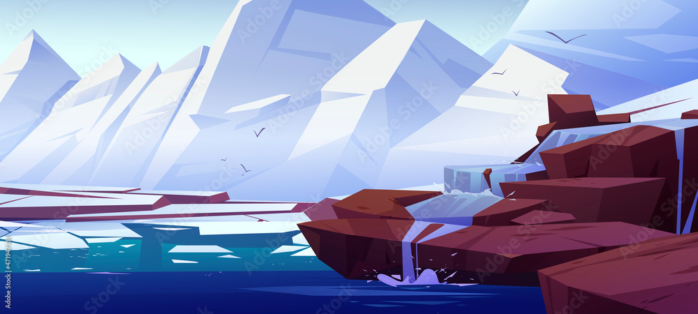 Waterfall at winter scenery landscape. Water stream fall from rocky ...