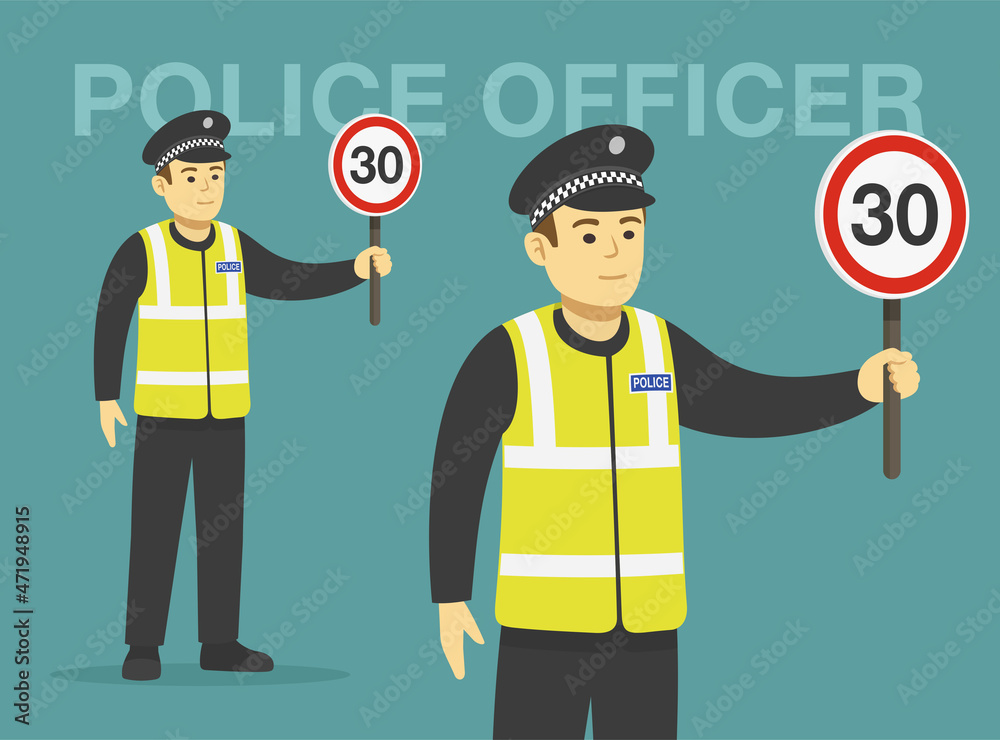 Isolated european traffic police officer holding a speed limit sign. 30 ...