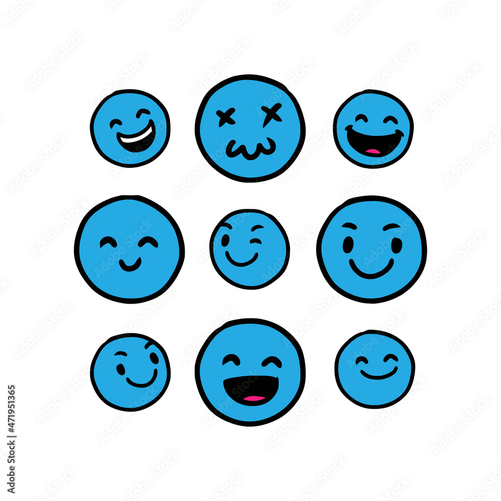 Set of cute blue emoticon hand drawn with isolated background vector ...