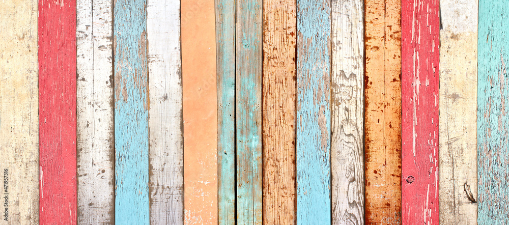 Horizontal retro background with old wooden planks of different colors ...