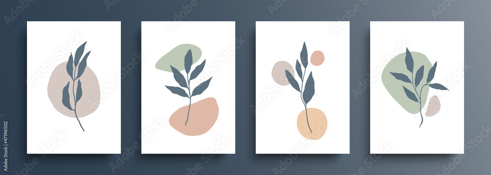 Botanical backgrounds set. Hand drawn boho foliage posters drawing with ...