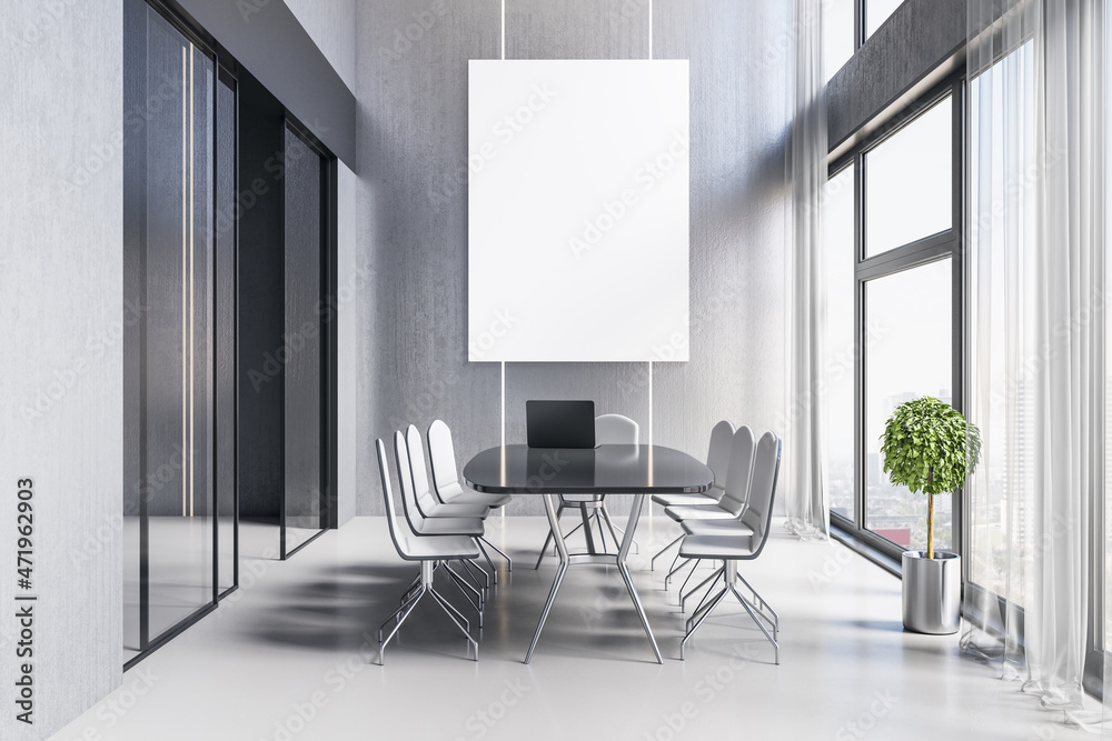 Modern concrete meeting room office interior with empty mock up poster ...