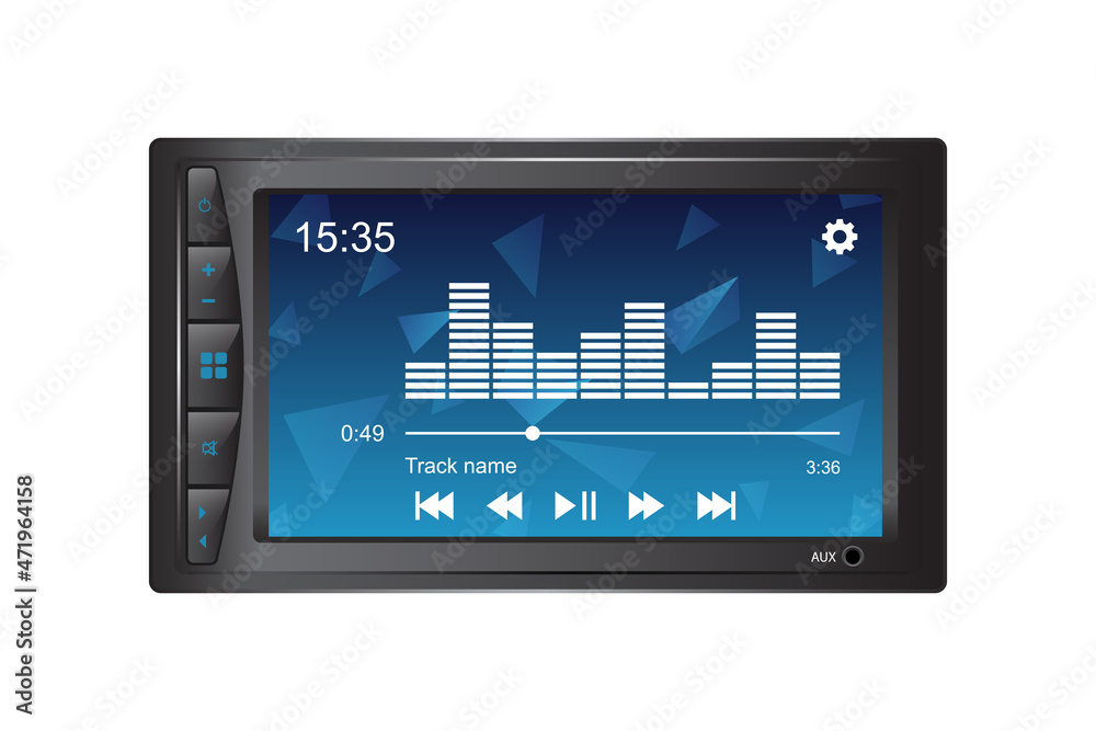Vector illustration of a car audio system with lcd screen, car radio on ...