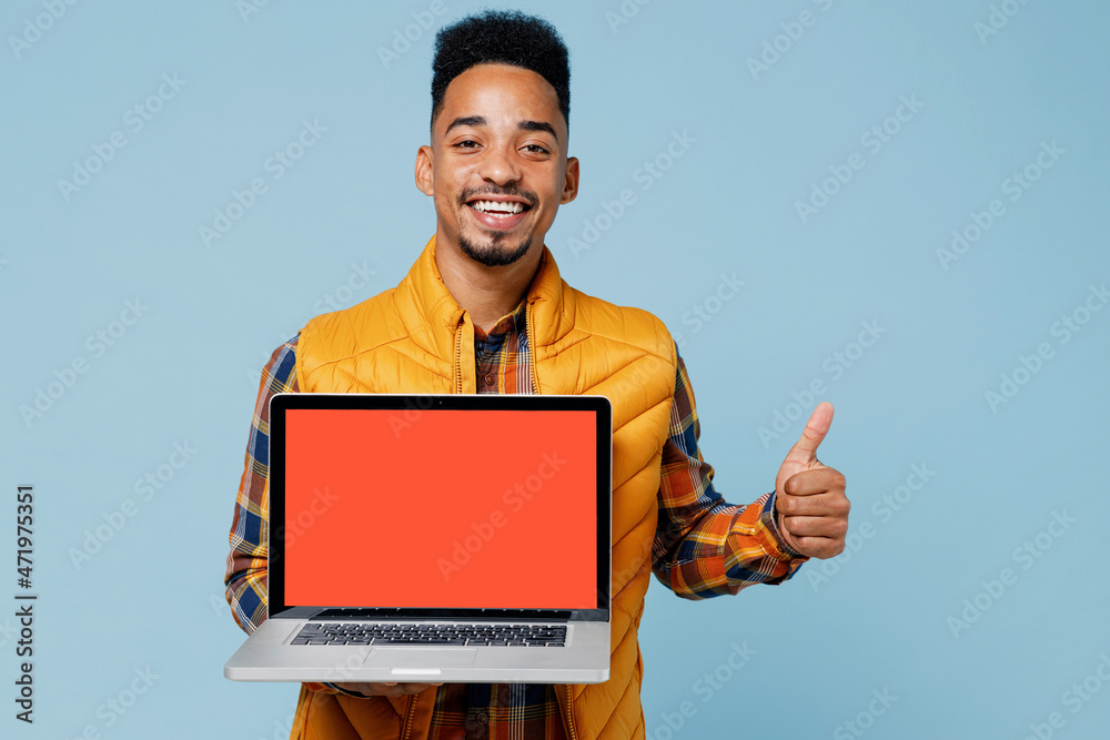 Young black man 20s wears yellow waistcoat shirt hold use work on ...