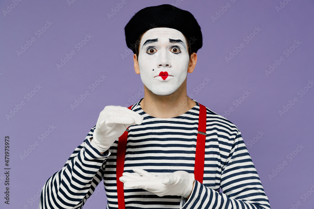Vivid young charismatic stunning bright mime man with white face mask ...