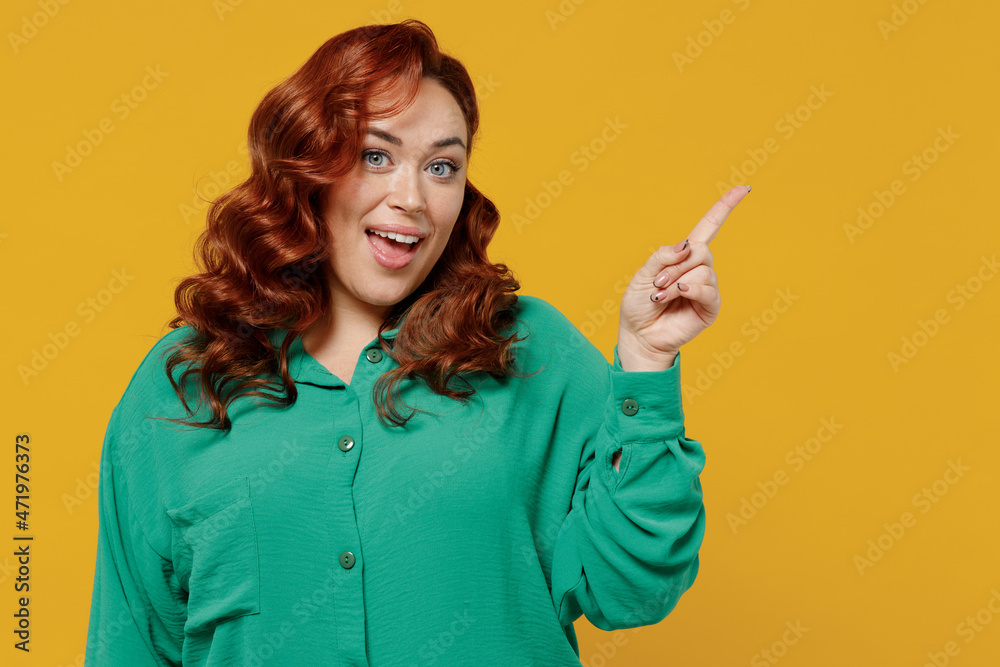 Bright happy vivid young ginger chubby overweight woman 20s years old ...
