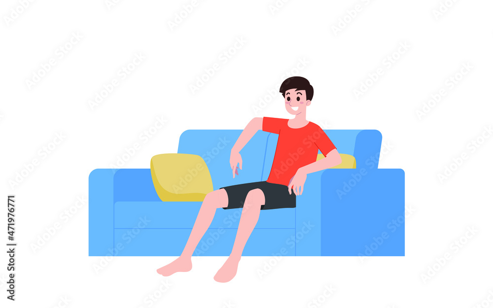 Cartoon vector illustration of young man sitting and chilling on sofa ...