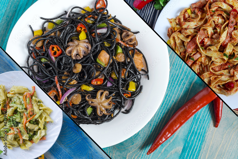 Collage of different types of pasta. Pasta dishes in close-up ...