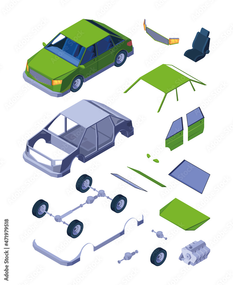 Isometric car parts. Auto service detailed tools mechanical parts ...
