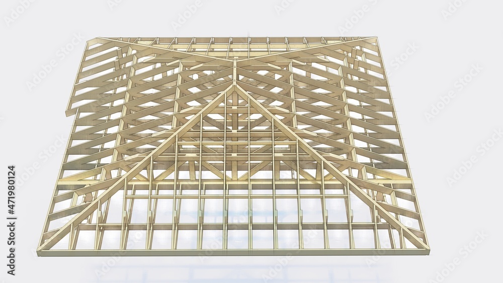 the frame of the hip roof truss system with trusses is a photorealistic ...