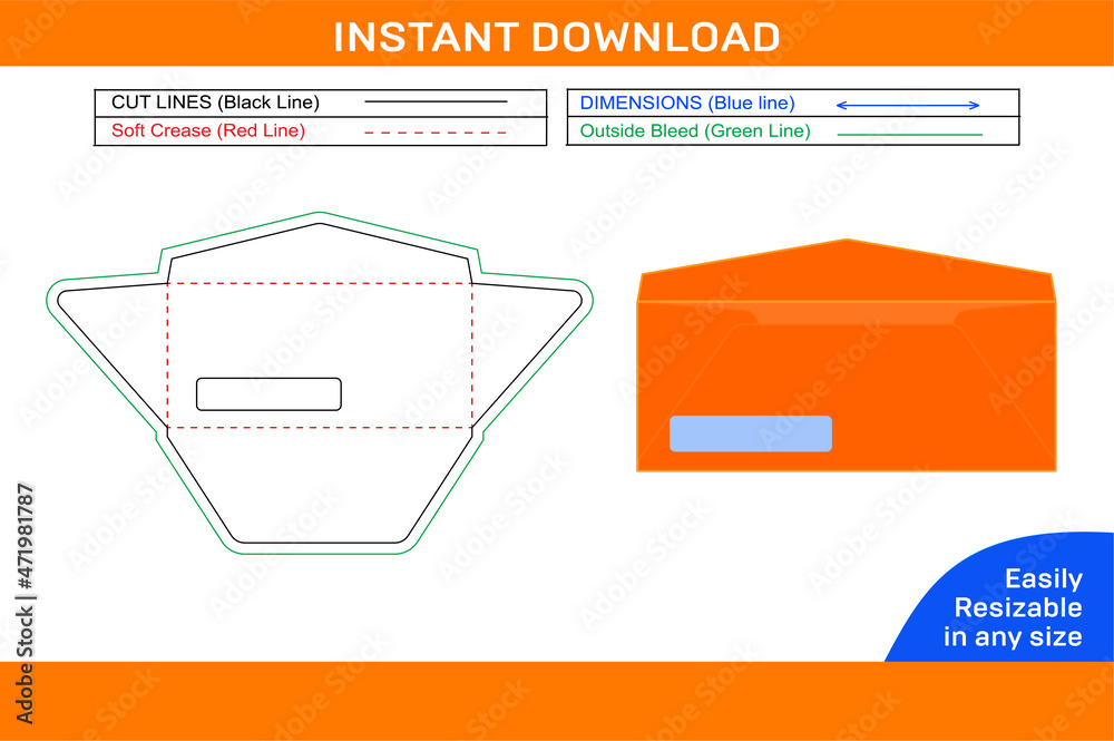 Window envelope dieline template, packaging design and 3D envelope ...