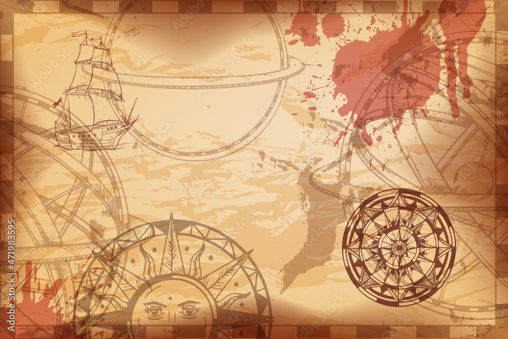 Vintage old parchment paper map background, pirate antique travel paper ...