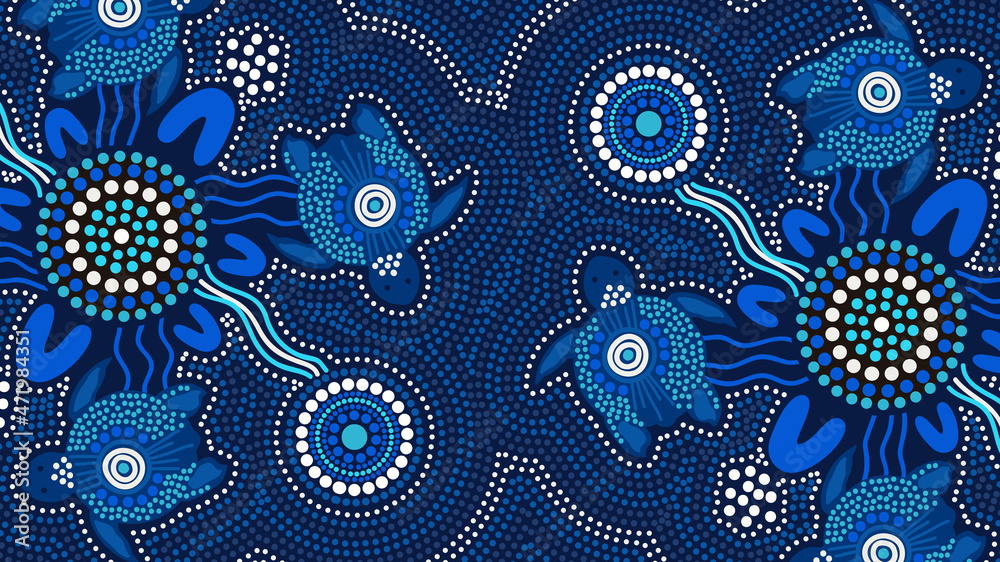 Aboriginal dot blue painting with turtle Stock Vector | Adobe Stock